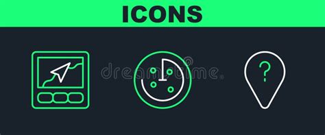 Set Line Unknown Route Point Gps Device With Map And Radar Targets On Monitor Icon Vector