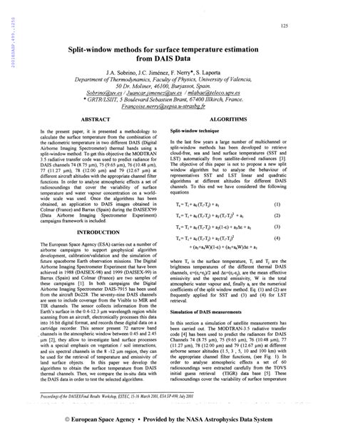 Pdf Split Window Methods For Surface Temperature Estimation From Dais Data
