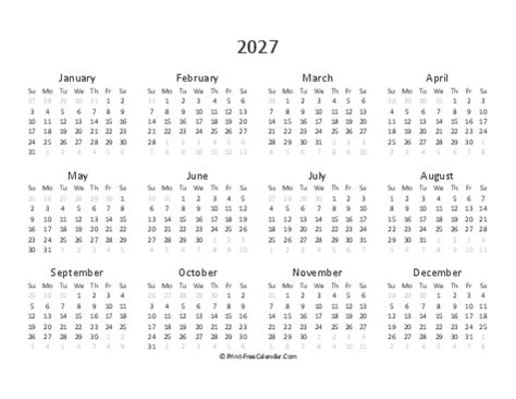 Download Free Printable 2027 Calendar Starting Sunday With Usa Holidays