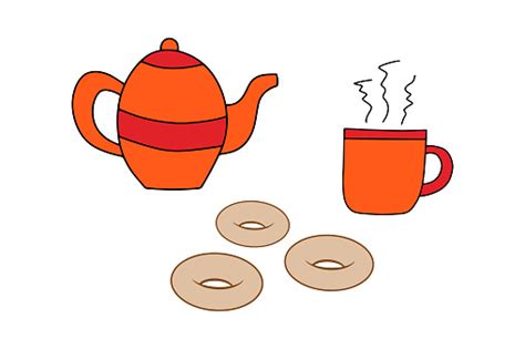 흰색에 고립 된 차 주전자 및 도넛 아이콘의 낙서 컵 키즈 핸드 드로잉 라인 아트 벡터 스톡 일러스트를 스케치합니다 Eps 10 0명에 대한 스톡 벡터 아트 및 기타 이미지