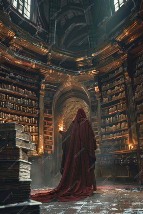 Mysterious Cloaked Figure Holding A Flaming Torch In An Ancient Library