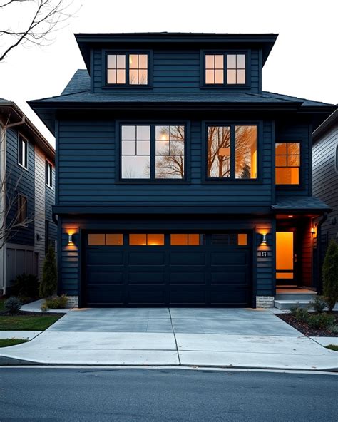 Dark Blue House With Black Garage Doors