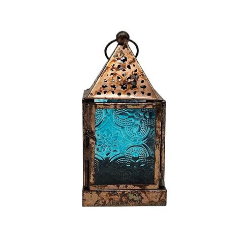 Iron Lantern Square Brass And Blue