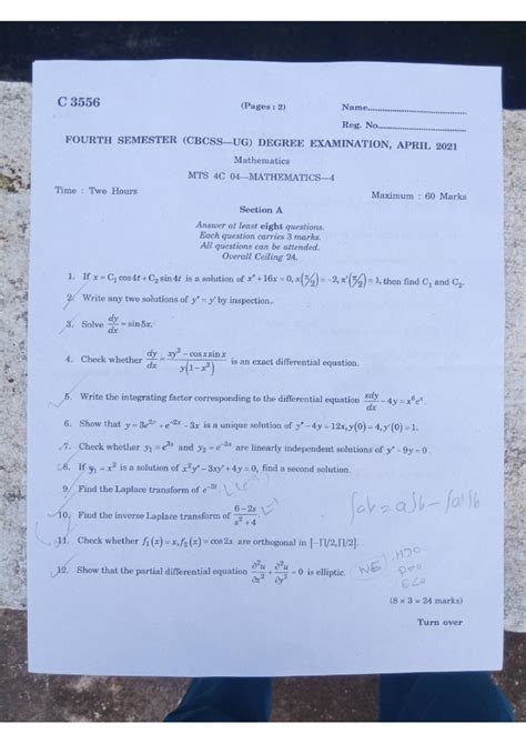 Qp 4 4th Sem Complimentary Maths C 3556 Pages 2 Name Reg No
