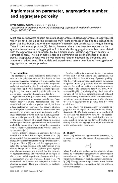 Pdf Agglomeration Parameter Aggregation Number And Aggregate Porosity