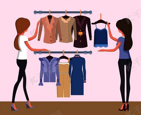 夏季模式和女性换衣服、商店和顾客、连衣裙和夹克、站着的女士矢量插图在白色背景下被隔离。背景图片免费下载海报banner高清大图千库网图片编号6334450