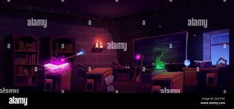 Magic School Classroom With Open Book Of Spell Chalkboard And