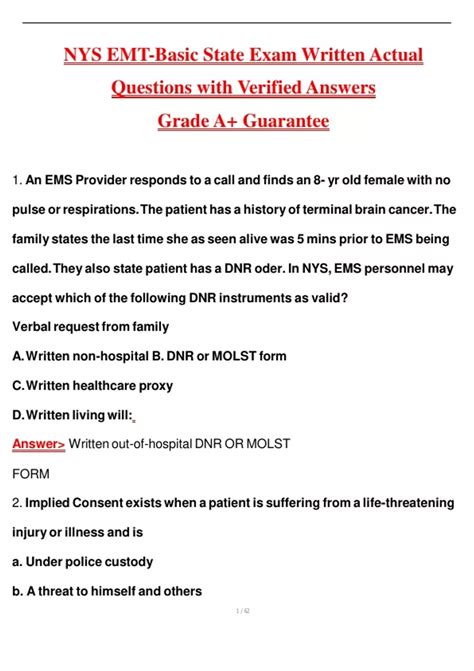 Nys Emt Basic State Exam Written Actual 2025 2026 Questions With Verified Answers Grade A