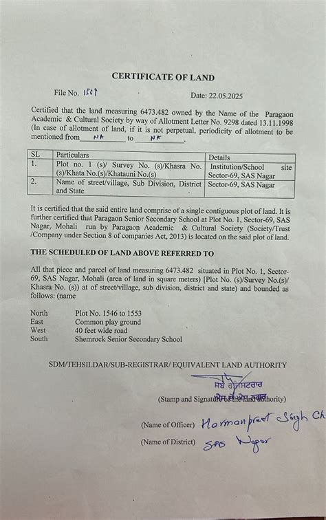 Certificate Of Land Paragon Senior Secondary School