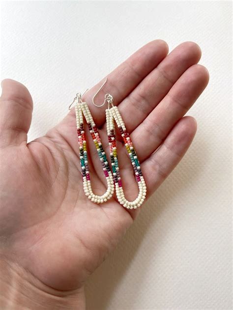 Rainbow Herringbone Drop Hoops Handwoven Seed Bead Earrings Etsy