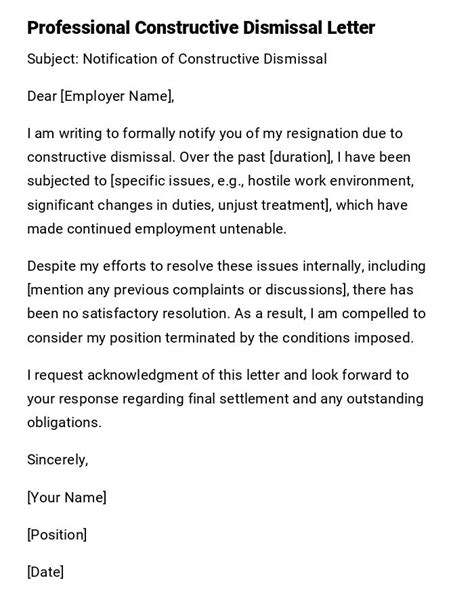 Constructive Dismissal Letter To Employer Example