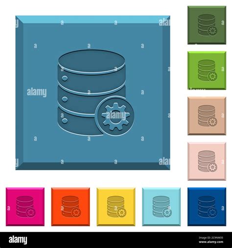 Database Settings Engraved Icons On Edged Square Buttons In Various