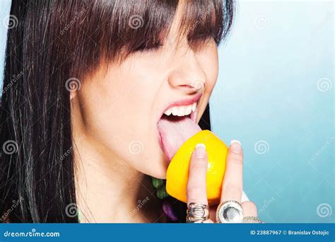 Woman Lick Lemon Stock Image Image Of Fresh Natural 23887967