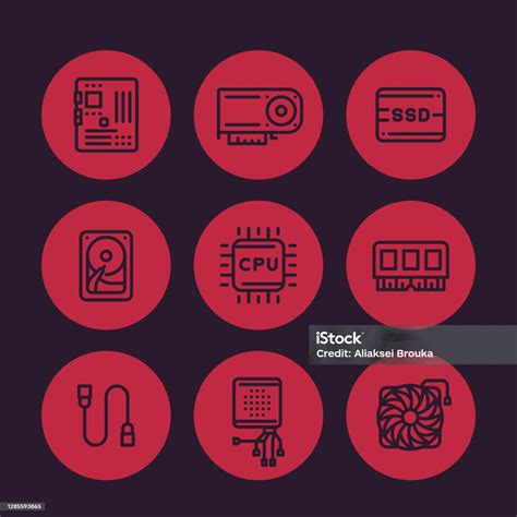 컴퓨터 구성 요소 라인 아이콘 세트 프로세서 마더 보드 메모리 비디오 카드 Hdd Ssd 쿨러 전원 공급 장치 0명에 대한 스톡 벡터 아트 및 기타 이미지 Istock