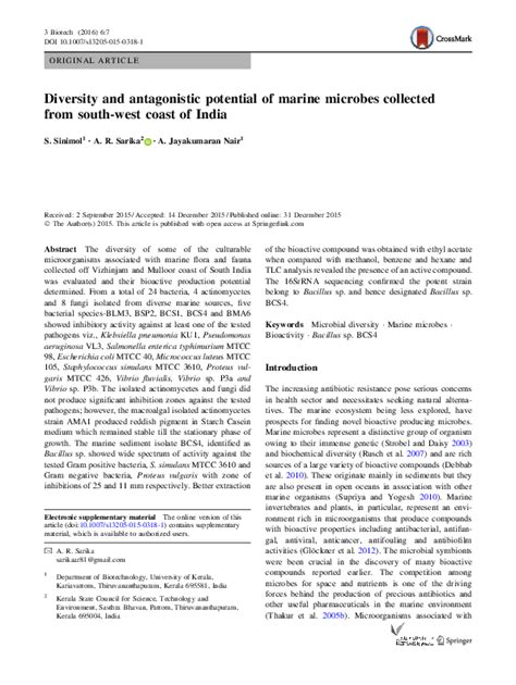 Pdf Diversity And Antagonistic Potential Of Marine Microbes Collected