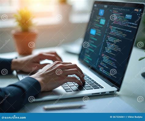Person Programmer Working On Pc Laptop With Program Code On Screen