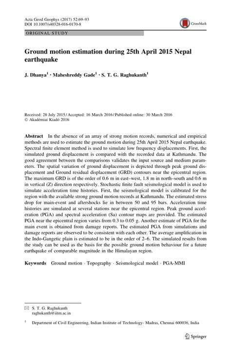 PDF Ground Motion Estimation During Th April Nepal Earthquake