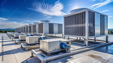 Modern Rooftop Commercial Hvac System Installation With Rows Of Metal