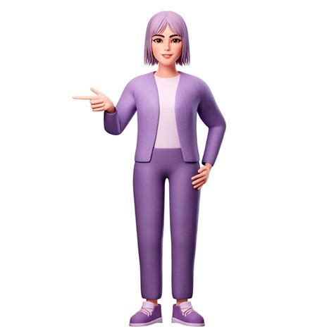 Premium Photo Cute Female Character With Purple Dressed Pointing To