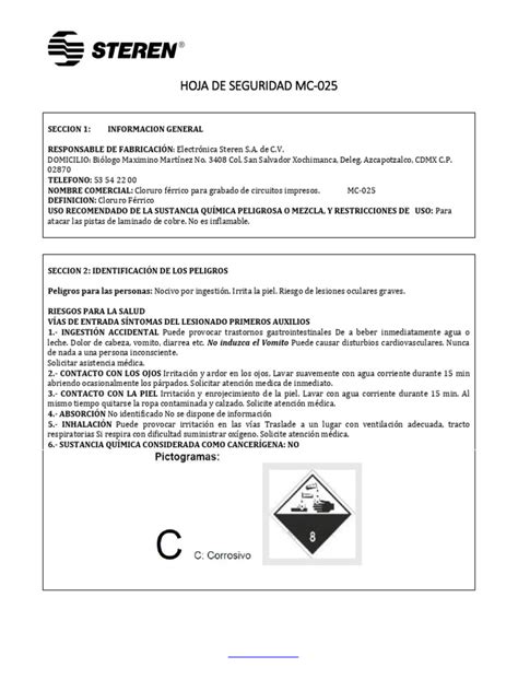 Mc 025 Hoja Seguridad 2018 Pdf Agua