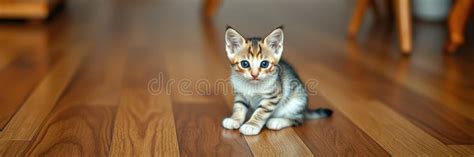 Cute Tabby Kitten Exploring A Cozy Living Room With Wooden Floors
