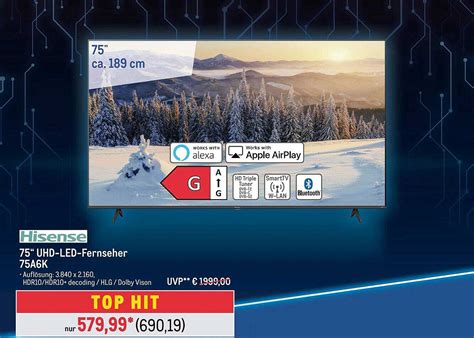 Hisense 75" Uhd-led-fernseher 75a6k Angebot bei METRO - 1Prospekte.de