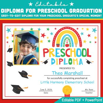 Editable Preschool Diploma With Photo Graduation Certificate Pdf