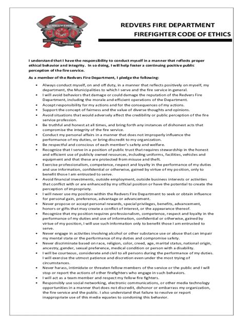 Fillable Online Redvers Fire Department Code Of Conduct Fax Email Print Pdffiller