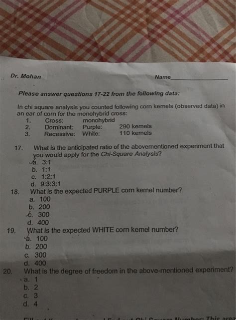 Solved In Chi Square Analysis You Counted Following Corn