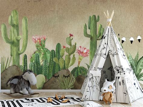 Desert Cacti Wallpaper Green Wallpaper Watercolor Wallpaper