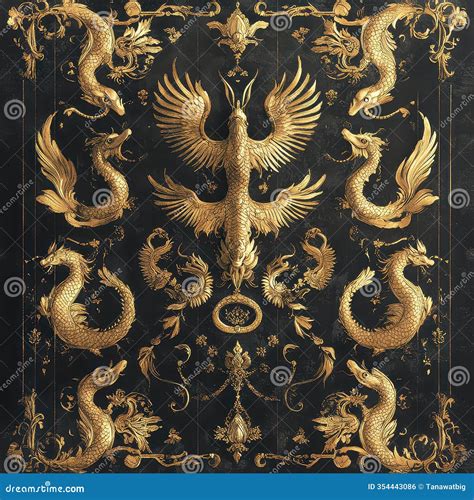 Ornate Golden Dragon And Phoenix Pattern On Dark Background Stock