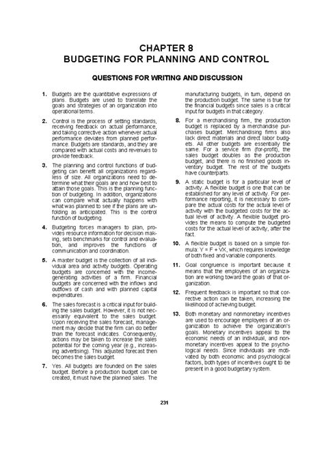 Chapter 8 Budgeting For Planning And Control Discussion Questions