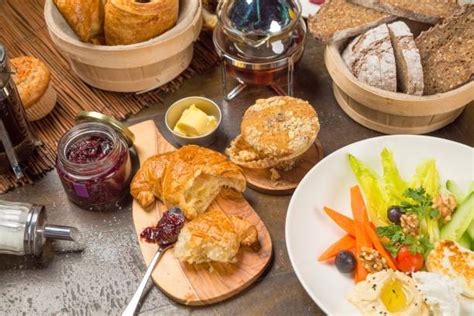 970 Healthy Breakfast With Cup Of Tea Bread Butter And Jam Stock