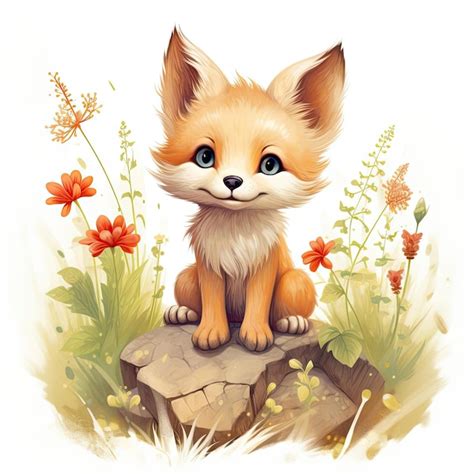 Premium Ai Image A Cute Small Fox Sitting On A Hill With Plants In The Style Of Sam Guay