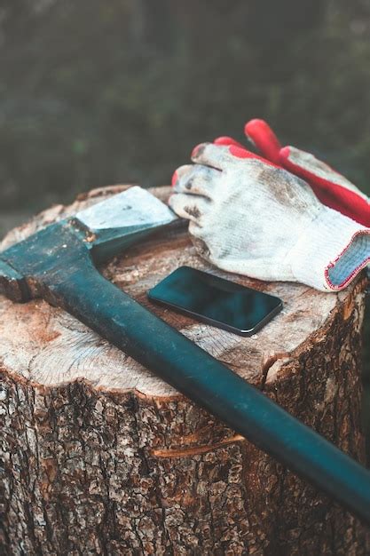 Premium Photo Mobile Phone And Tools Axe Work Gloves On Tree Trunk
