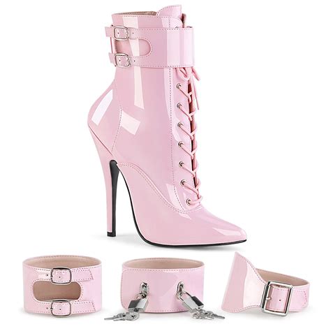 Devious Domina 1023 Pink Lockable Ankle Cuff Stiletto Boots