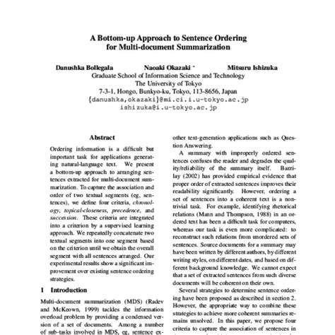 A Bottom Up Approach To Sentence Ordering For Multi Document Summarization Acl Anthology