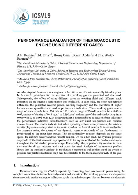 Pdf Performance Evaluation Of Thermoacoustic Engines Using Different