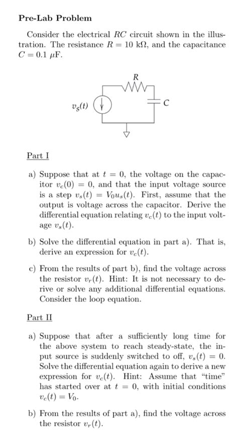 Solved Pre Lab Problem Consider The Electrical RC Circuit Chegg Com