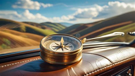 A Compass On A Car Dashboard With A Panoramic View Of Rolling Hills