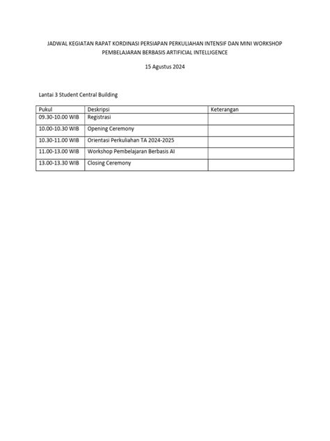 Jadwal Kegiatan Rapat Dan Mini Workshop Pdf
