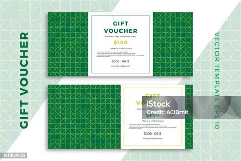 기하학적 패턴의 최신 기프트 카드 템플릿 우아한 할인 쿠폰 또는 자연 녹색 색상의 인증서 모형 샘플 텍스트가있는 깨끗하고 간단한 벡터 편집 가능한 배경 Eps10 0명에