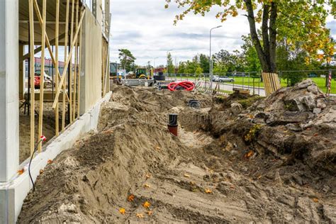 Earthworks Pit For Underground Communications Installation In A New Industrial Facility Stock