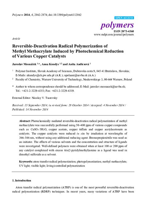 Pdf Reversible Deactivation Radical Polymerization Of Methyl Methacrylate Induced By