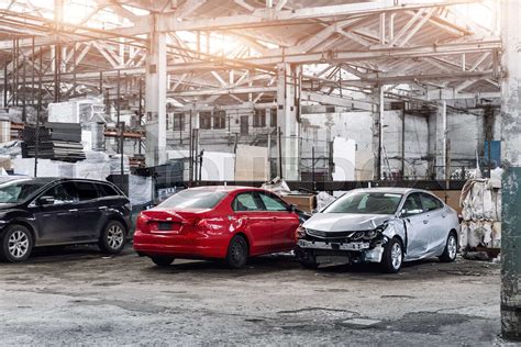 Many Wrecked Car After Traffic Accident Crash At Restore Service Maintenance Station Garage