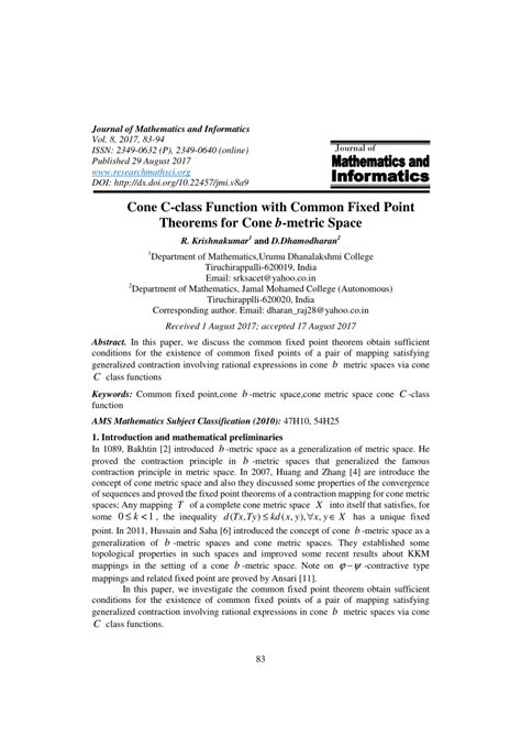 PDF Cone C Class Function With Common Fixed Point Theorems For Cone B Metric Space