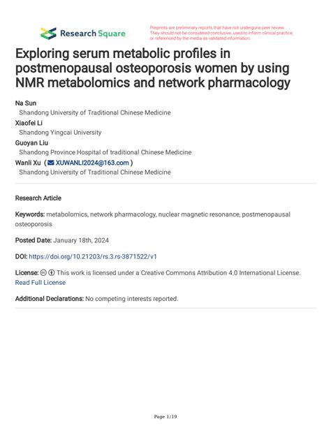 Pdf Exploring Serum Metabolic Profiles In Postmenopausal Osteoporosis Women By Using Nmr