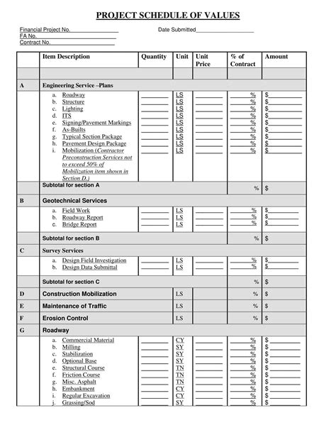 free printable schedule of values templates [pdf excel] construction