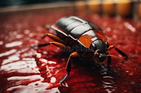 A Large Brown And Black Cockroach Bug Is On A Red Surface Stock