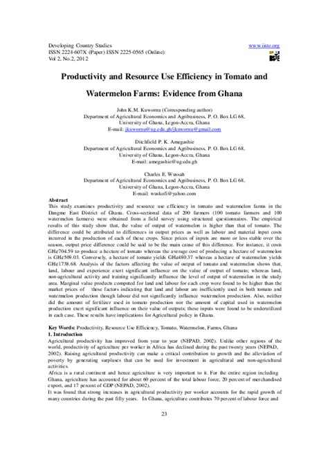 Pdf Productivity And Resource Use Efficiency In Tomato And Watermelon Farms Evidence From Ghana